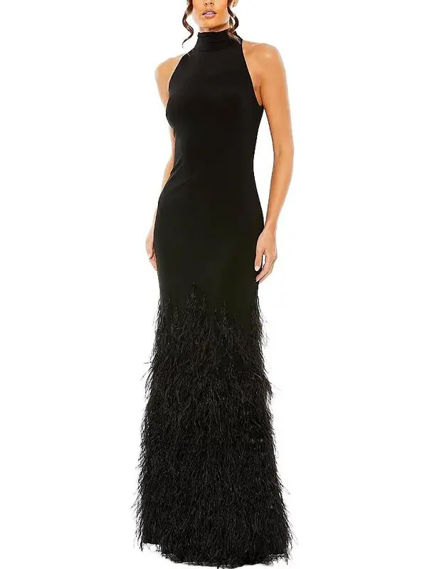 Mac Duggal Feather Tiered Jersey Halter Gown - Black