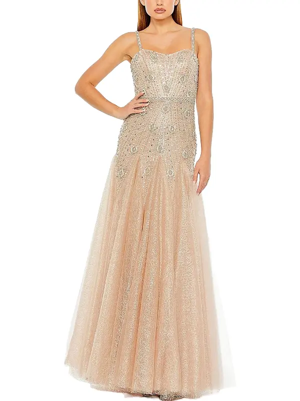 Mac Duggal Slim Strap Embellished Bustier Gown - Nude Silver