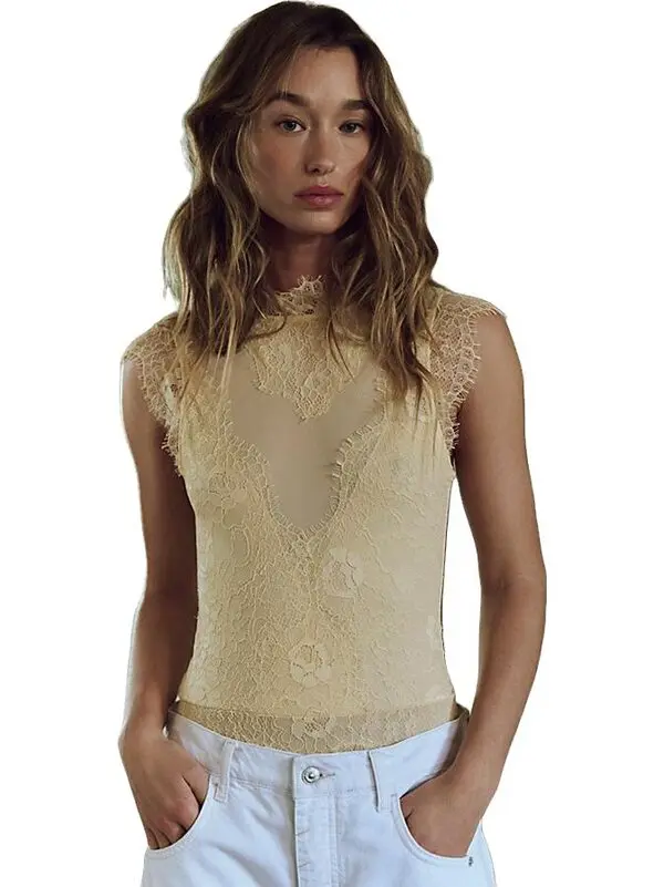 Free People Lace Bodysuit With Ribbon Detail - Double Butter