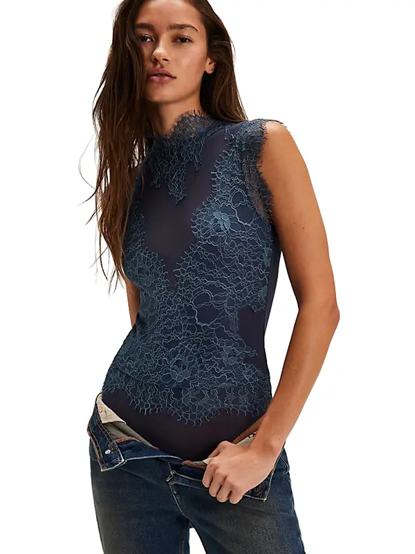Free People Lace Bodysuit With Ribbon Detail - Night Light