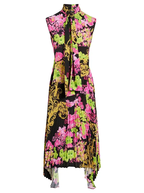 Versace Printed Plissé Crepe De Chine Midi Dress - Black