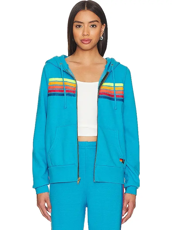 Aviator Nation 5 Stripe Zip Hoodie - Neon Blue & Neon Rainbow