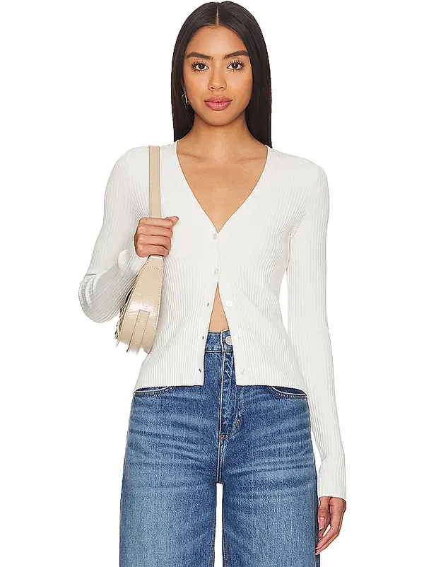 Good American Shine Rib V-neck Cardigan - Cloud White