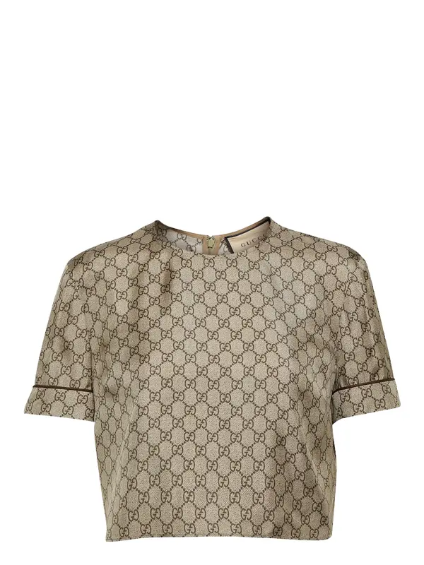 Gucci Gg Printed Silk Twill Crop Top - Brown