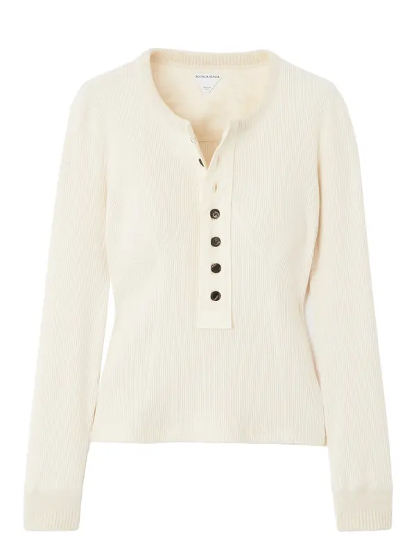 Bottega Veneta Ribbed Stretch-cotton Henley Top - Neutrals