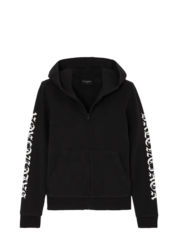 Balenciaga Distressed Printed Cotton-blend Jersey Hoodie - Black