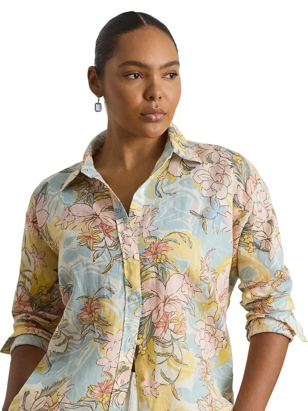 Ralph Lauren Relaxed Fit Floral Linen Shirt - Cream/blue Multi