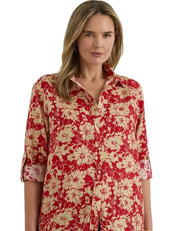 Ralph Lauren Relaxed Fit Floral Linen Shirt - Red/tan