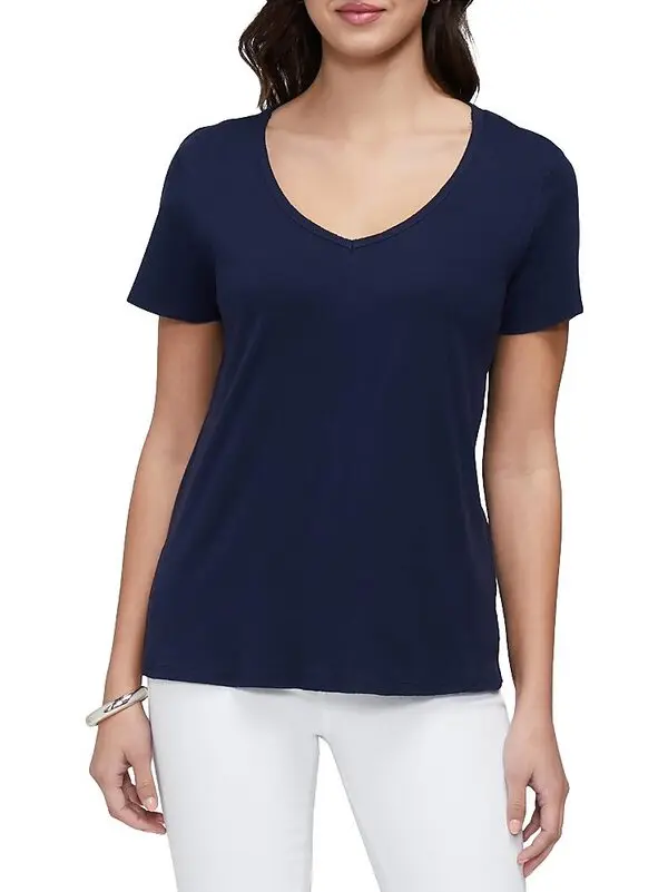Three Dots Cotton V-neck Tee - Navy