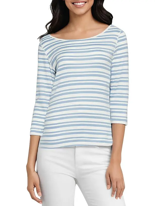 Three Dots Boat Neck Tee - Faded Denim Stripe