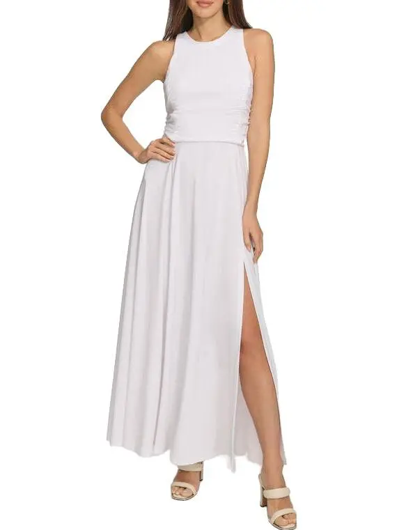 Dkny Ruched Mesh Trim Sleeveless Maxi Dress - White