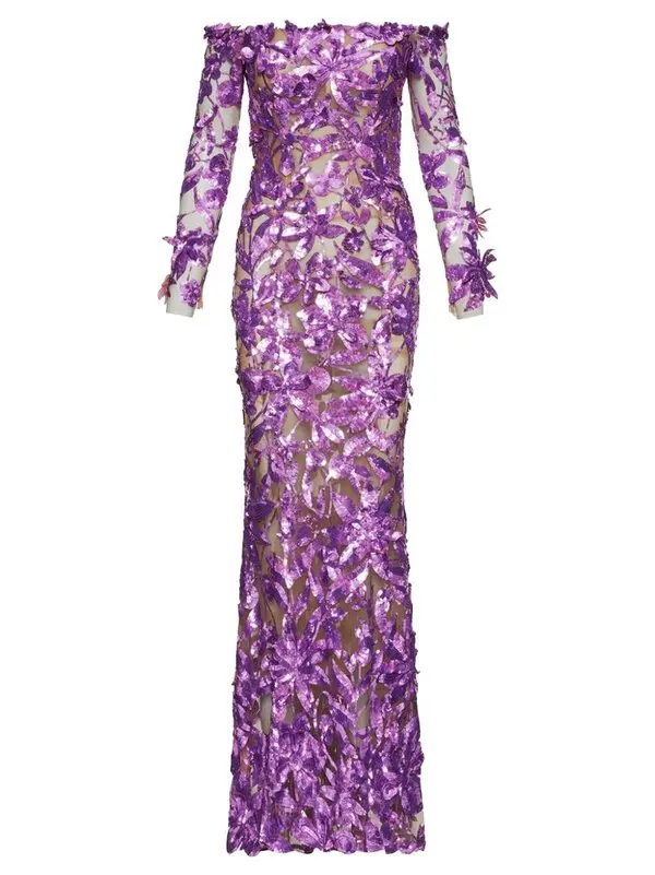 Oscar De La Renta Embellished Off-shoulder Gown - Purple