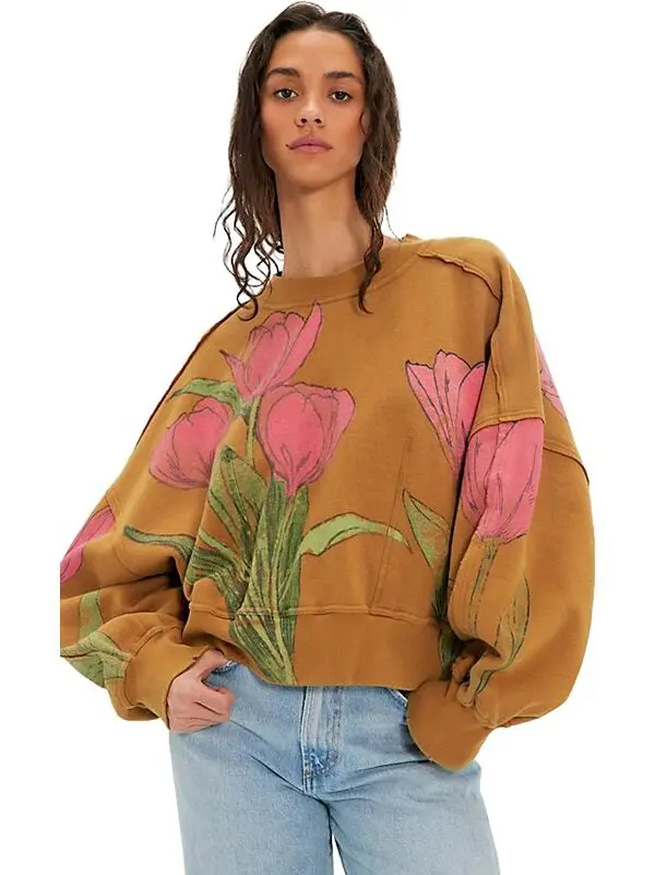 Free People Gaia Graphic Sweatshirt - Tulip Brown Combo