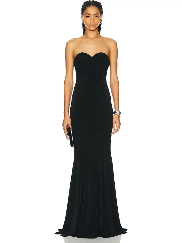 Norma Kamali Strapless Shirred Front Fishtail Gown - Black