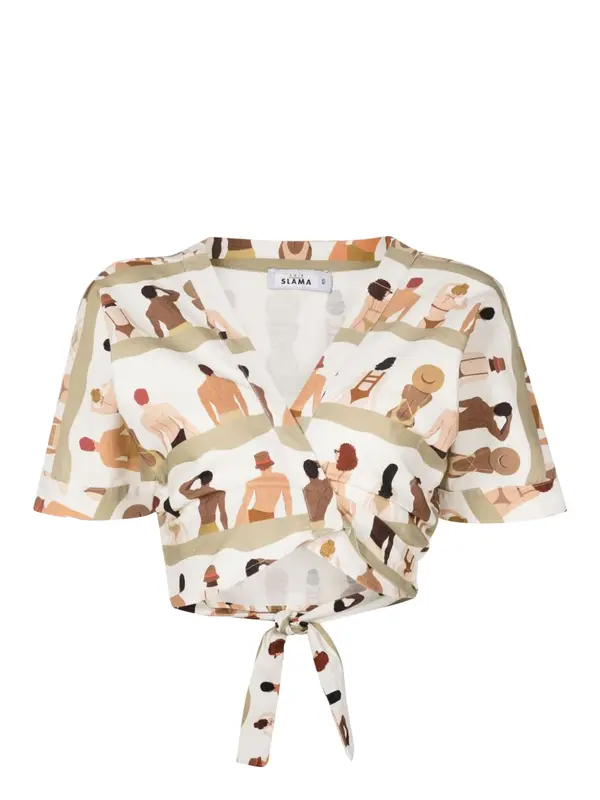 AMIR SLAMA Swimmer-print Wrap-front Shirt - Neutrals