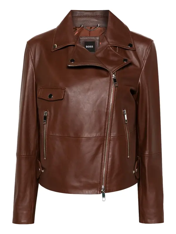 BOSS Double-breasted Leather Biker Jacket - Brown