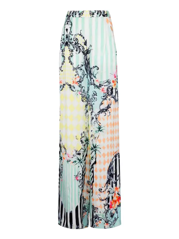 Balmain Baroque-print Palazzo Trousers - Blue