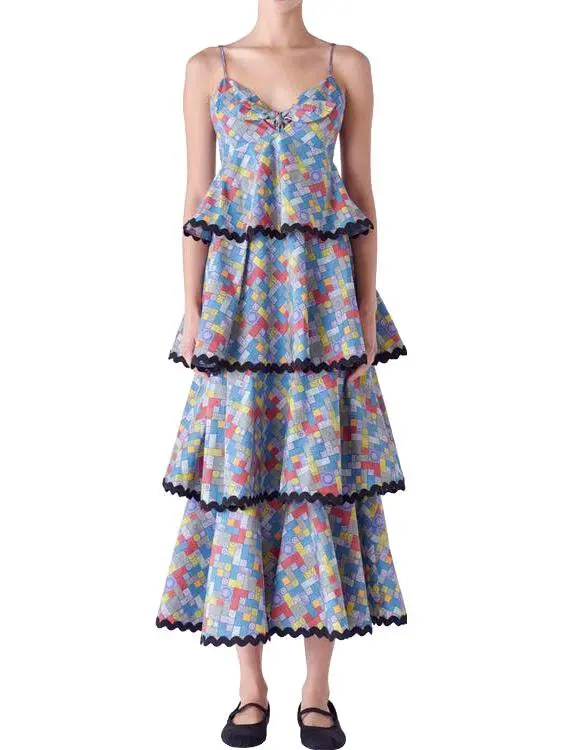 English Factory Grid Print Tiered Maxi Dress - Blue Multi