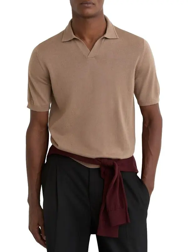 REISS Duchie Johnny Collar Short Sleeve Wool Polo Sweater - Camel Brown