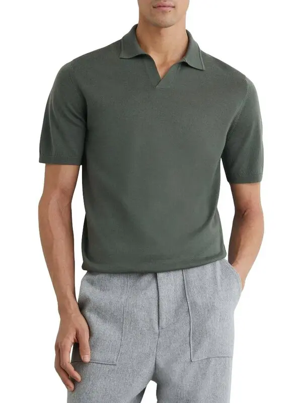 REISS Duchie Johnny Collar Short Sleeve Wool Polo Sweater - Kale Green
