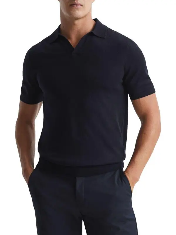 REISS Duchie Johnny Collar Short Sleeve Wool Polo Sweater - Navy