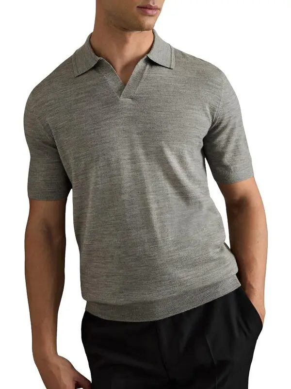 REISS Duchie Johnny Collar Short Sleeve Wool Polo Sweater - Warm Grey Melange