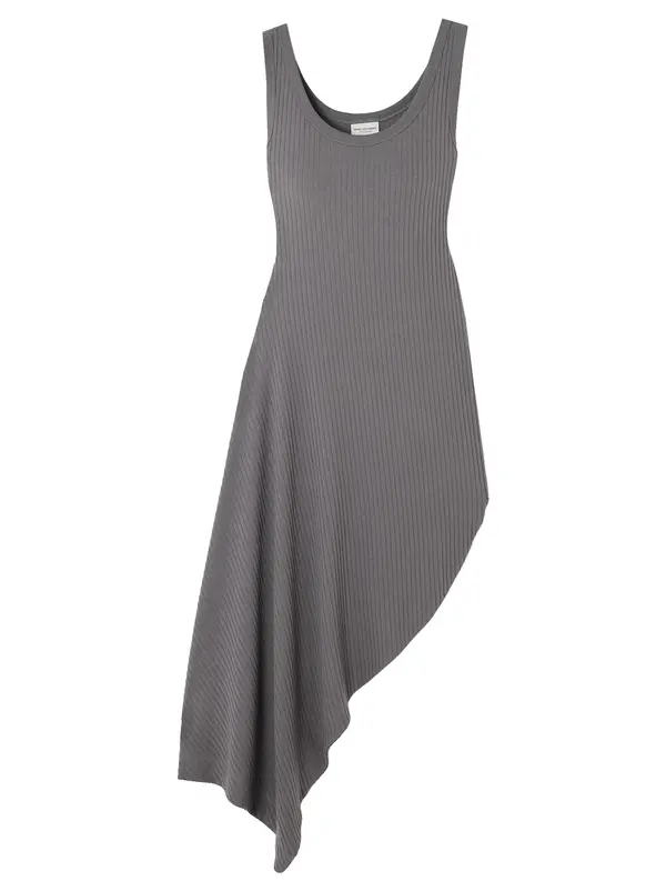 Dries Van Noten Asymmetric Draped Ribbed Jersey Midi Dress - Gray
