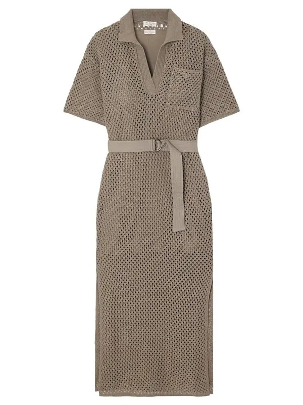 Brunello Cucinelli Belted Open-knit Cotton Midi Dress - Neutrals