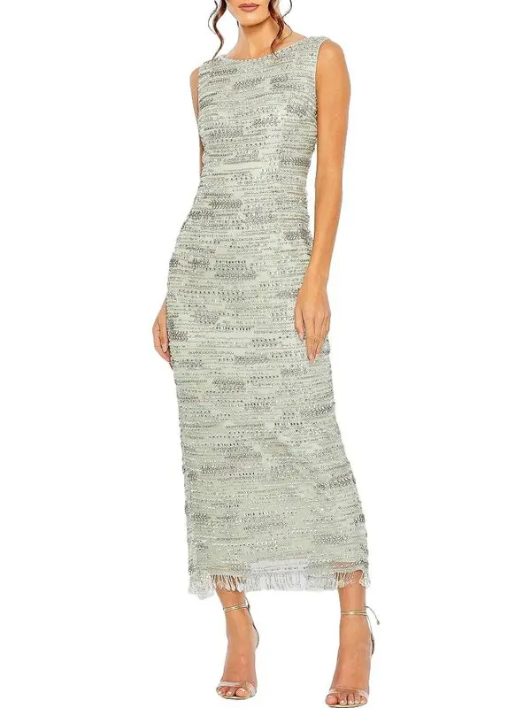 Mac Duggal Crystal & Beaded Fringe Midi-dress - Sage