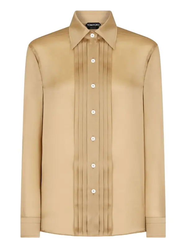 TOM FORD Plisse Panel Silk Shirt - Neutrals