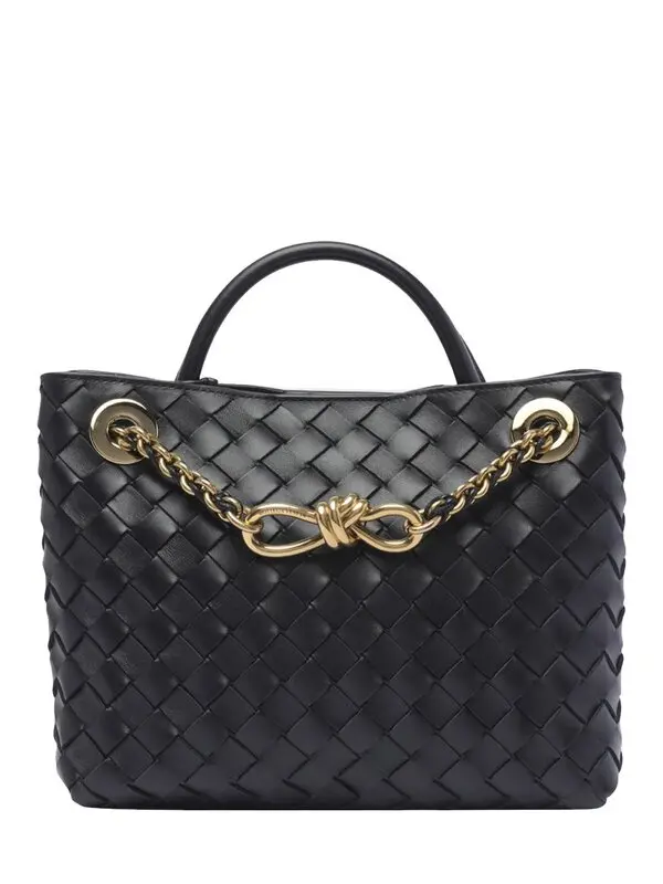 Bottega Veneta Woven Leather Handbag With Gold Tone Chain - Black