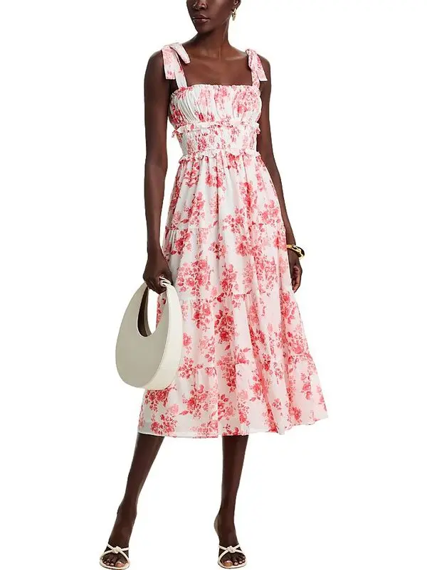 Aqua Floral Tie-strap Midi Dress - Coral/white