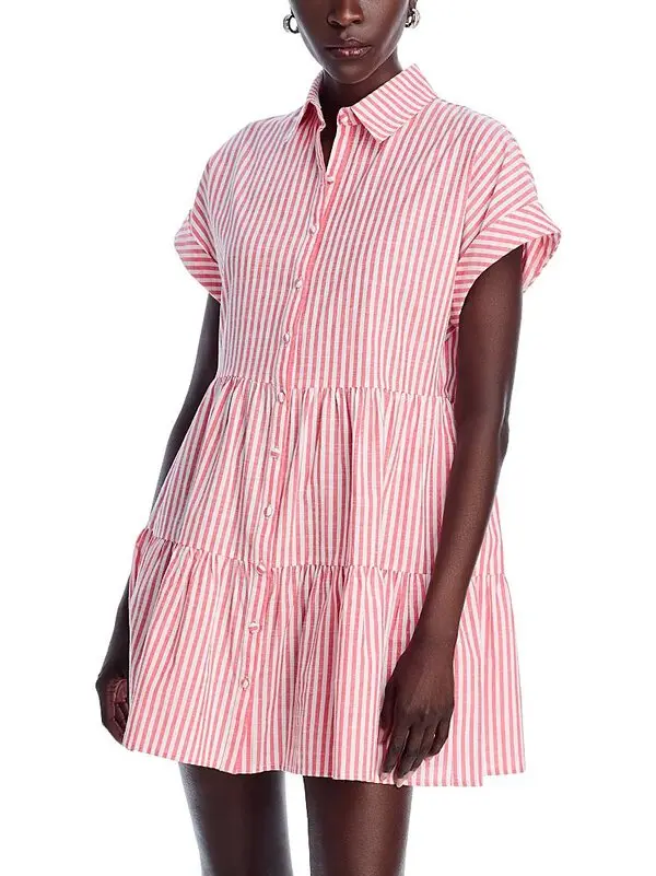 Aqua Stripe Mini Shirt Dress - Coral/white