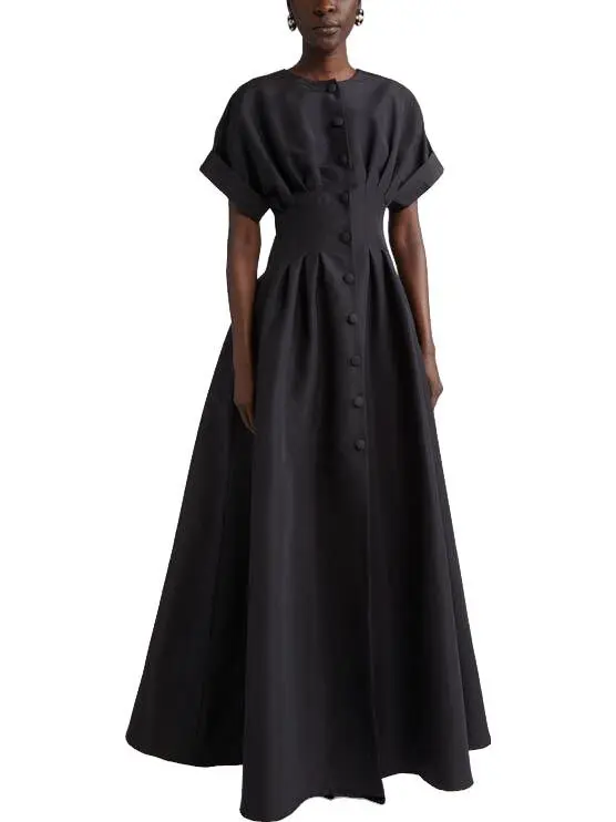 Carolina Herrera Cuffed Short Sleeve Button Front Silk Faille Gown - Black