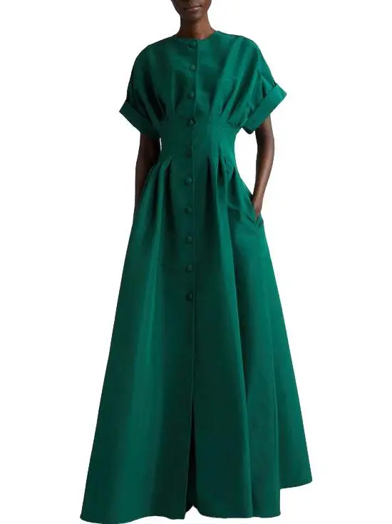 Carolina Herrera Cuffed Short Sleeve Button Front Silk Faille Gown - Spruce Green
