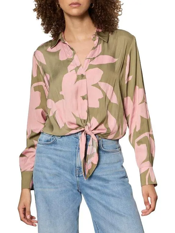 Sanctuary Lover Print Tie-hem Shirt - Pink Silhouette