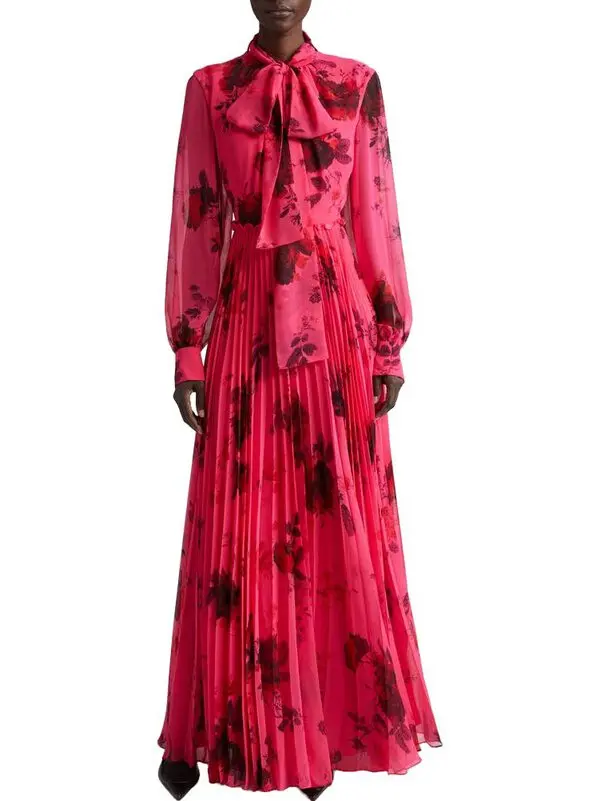 Erdem Floral Print Pleated Long Sleeve Voile Gown - Cerise