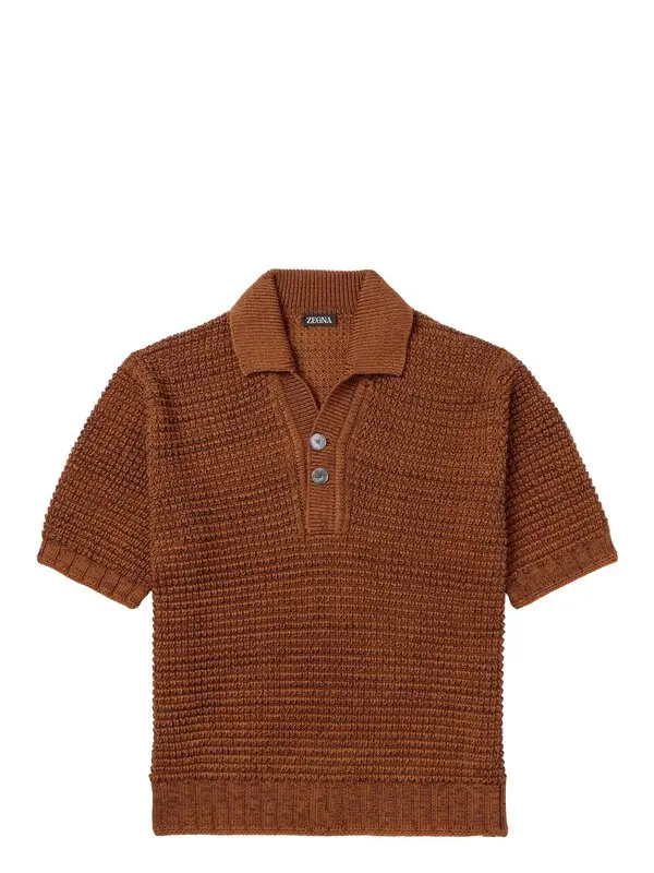 Zegna Open-knit Cotton, Linen, Silk And Cashmere-blend Polo Shirt - Brown
