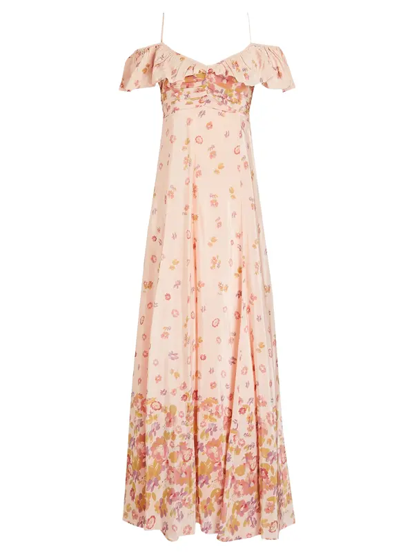 ByTiMo Cold-shoulder Floral-print Satin Maxi Dress - Peach