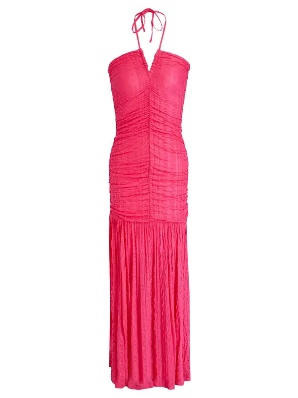 GANNI Ruched Halterneck Maxi Dress - Fuchsia