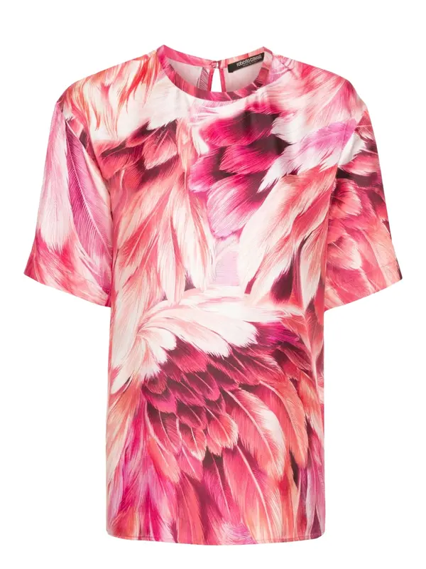 Roberto Cavalli Plumage-print Silk T-shirt - Pink