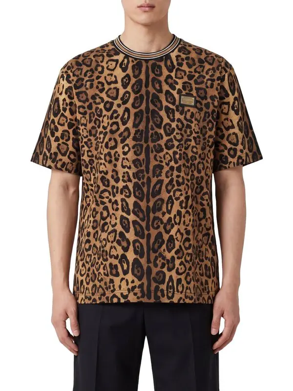 Dolce & Gabbana Animalier Print Cotton T-shirt With Contrast Trims - Brown