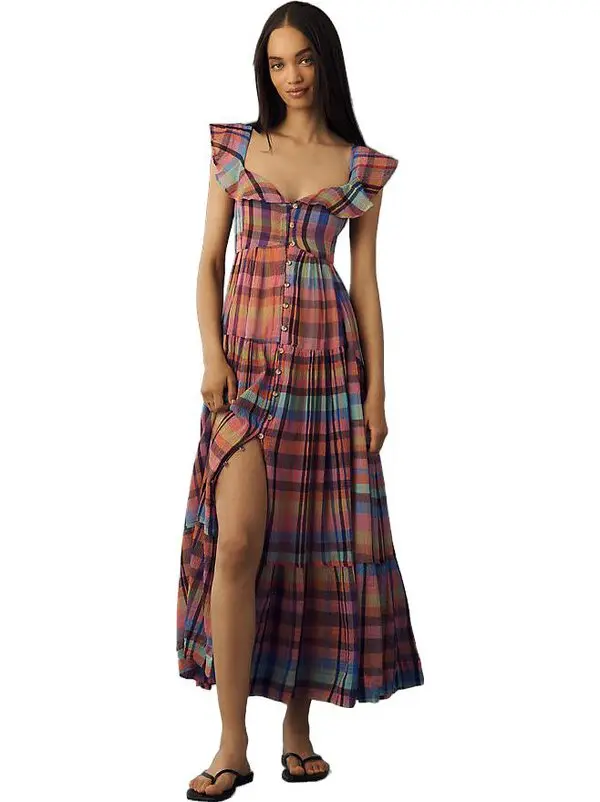 PILCRO Flutter-sleeve Tiered Midi Dress - Multi Plaid