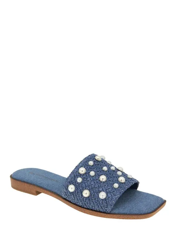 Bcbgmaxazria Lonnie Imitation Pearl Raffia Slide Sandal - Denim Blue Raffia