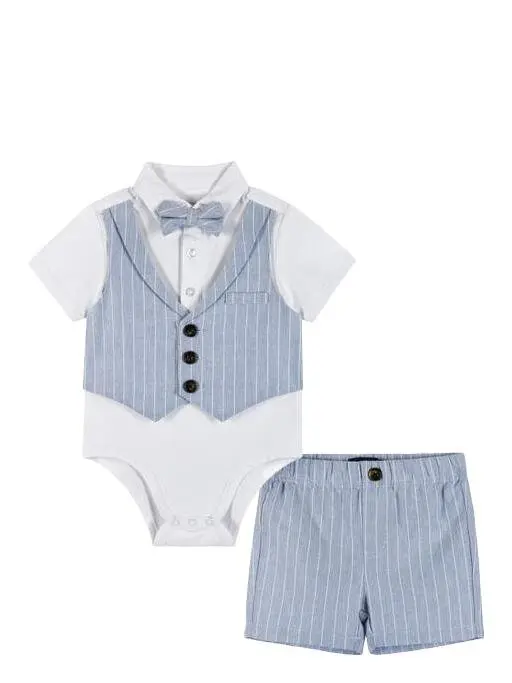 Andy & Evan Stripe Bodysuit, Shorts & Bow Tie Set - Chambray