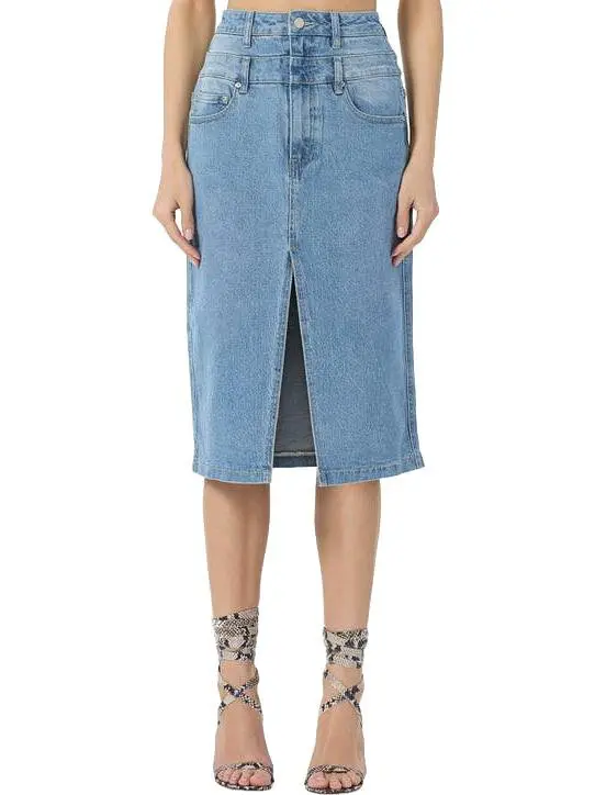 AFRM Maison Double Waist Denim Midi Skirt - South Pacific Wash