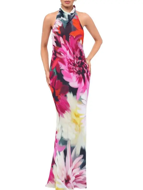 Betsy & Adam Floral Halter Gown - Fuchsia/ Blush
