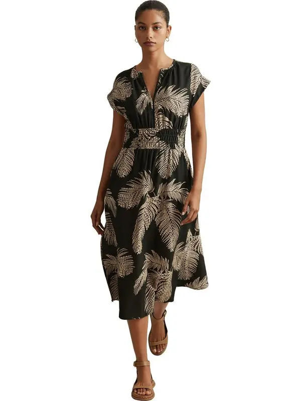 REISS Colby Tropical Print Midi Dress - Khaki