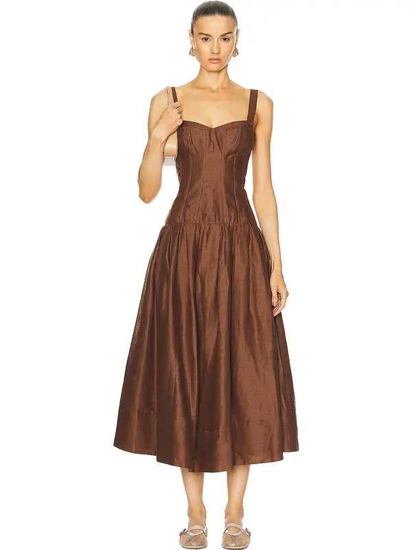 NICHOLAS Makenna Drop Waist Corset Midi Dress - Cigar