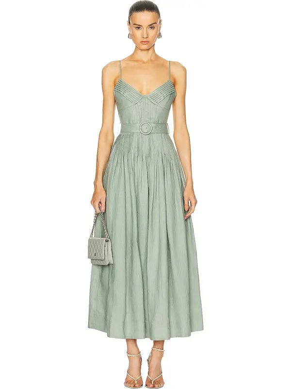 NICHOLAS Mireille Belted Pintuck Midi Dress - Pistachio